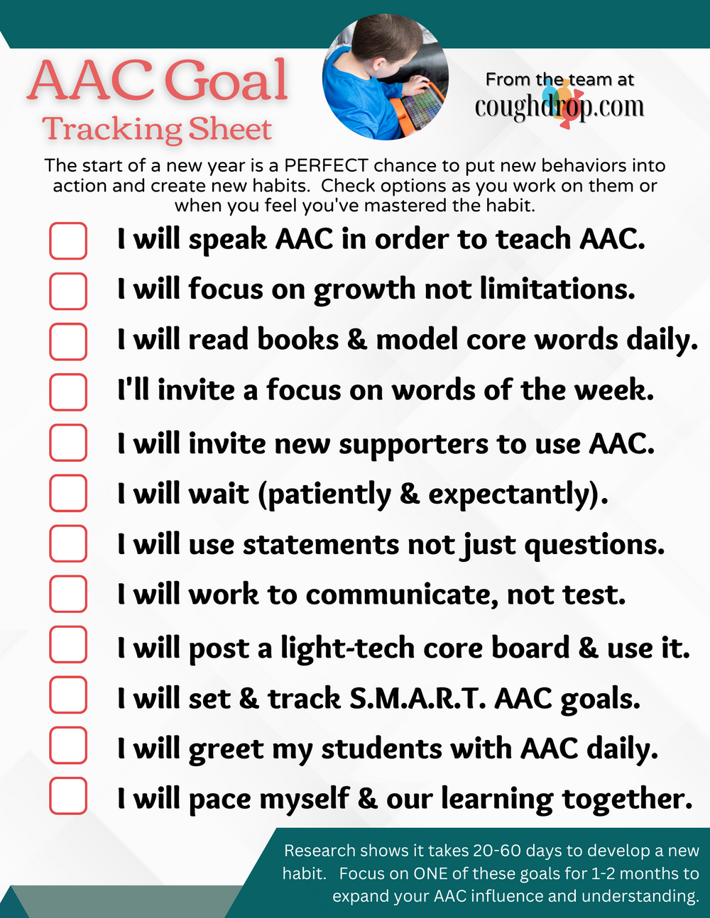 One per month AAC goals with tracking
